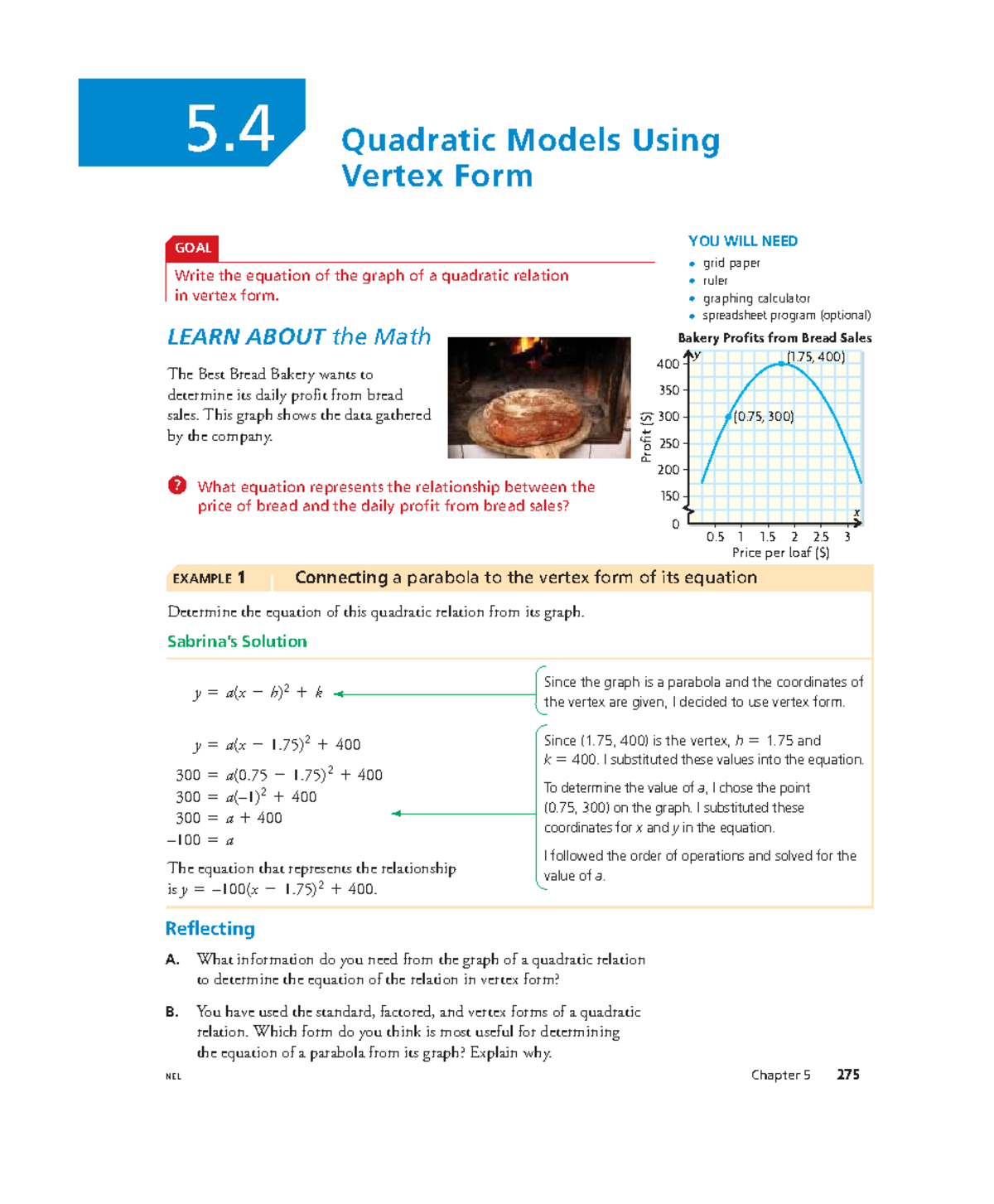 5.4 Quadratic Models in Vertex Form - Bakery Profits Analysis - Studocu