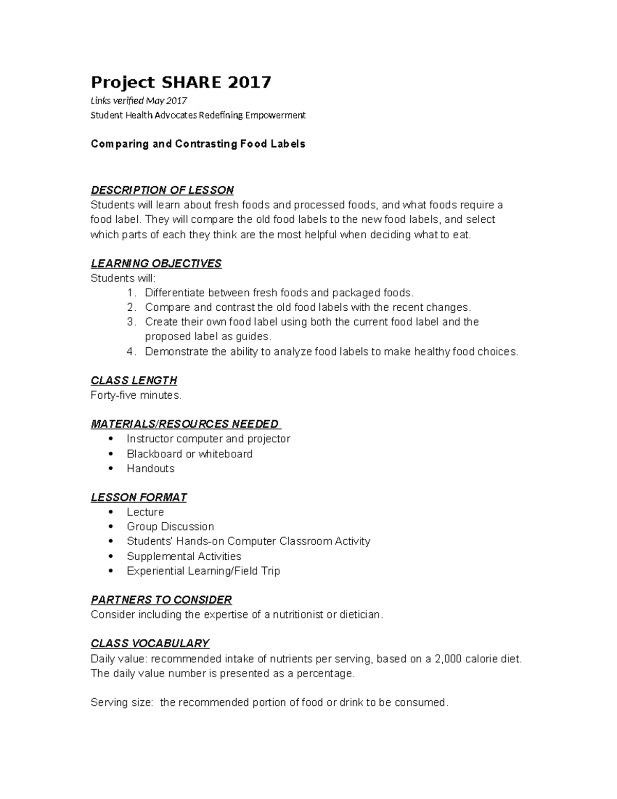 Comparing and Constrasting Food Labels Lesson Plan - Project SHARE 2017 ...