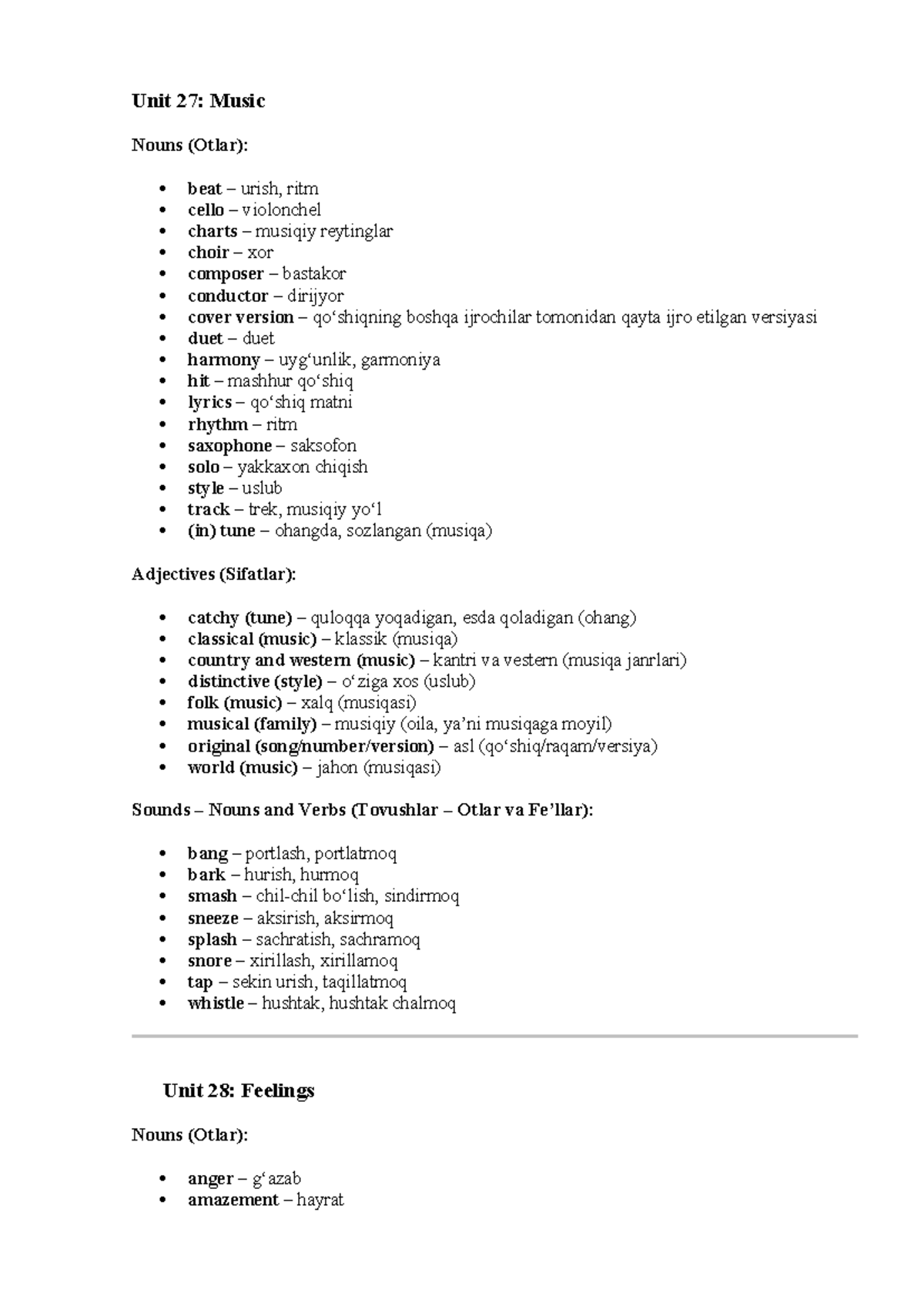 Unit 27 & 28: Music Nouns & Feelings Vocabulary Guide - Studocu