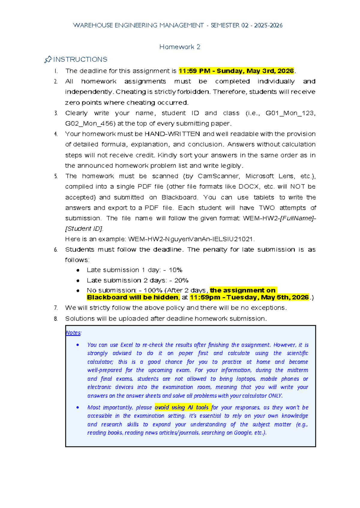 S2 2526 WEM HW2 - Warehouse Engineering Management Homework 2 - Studocu
