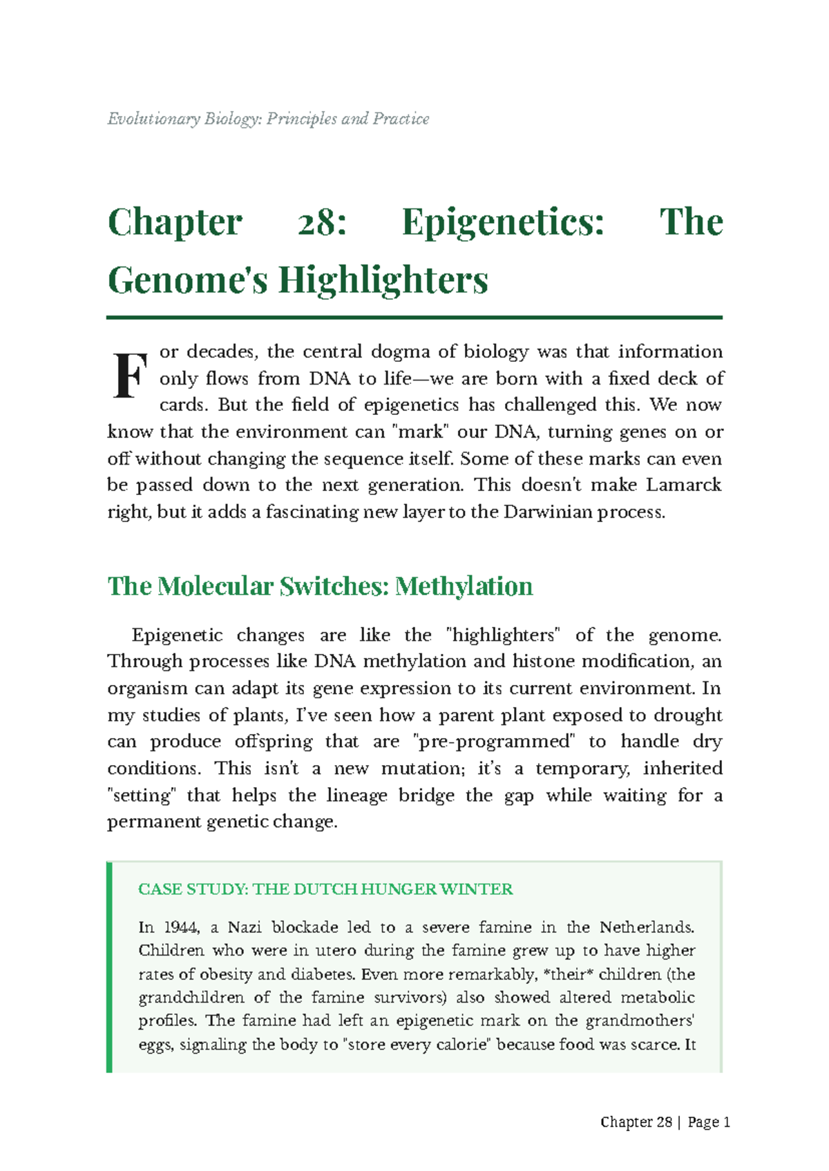 Evolutionary Biology: Chapter 28 - Epigenetics Insights - Studocu
