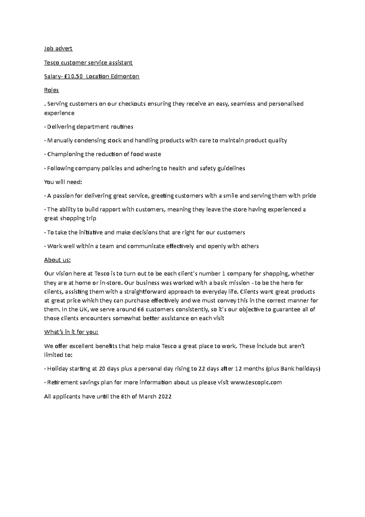Job advert tesco to - Job advert Tesco customer service assistant ...
