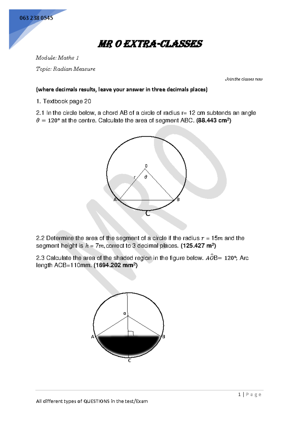 MR O. Radian Measure Test Questions - Maths 1 Revision Guide - Studocu