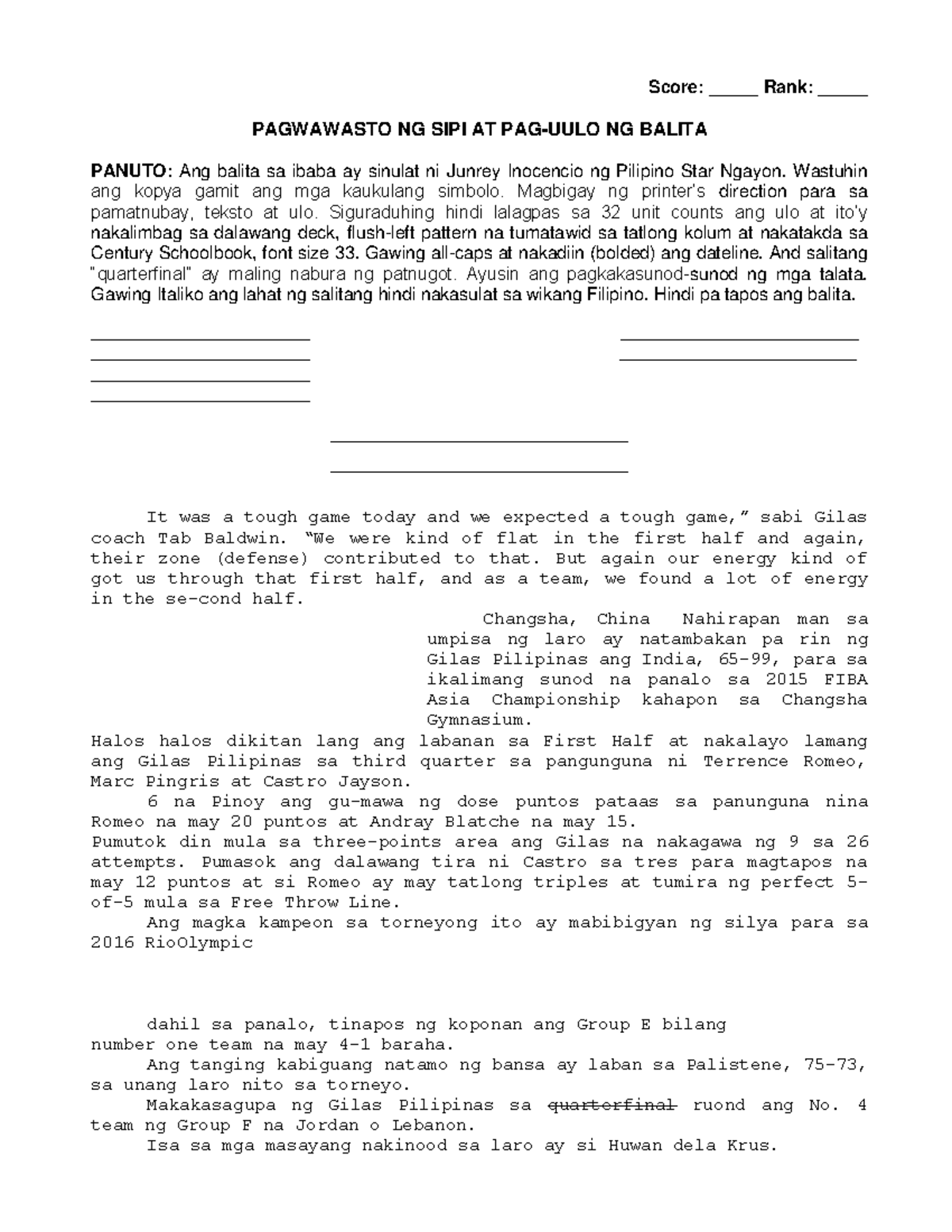 PAGWAWASTO NG SIPI AT BALITA: Gilas Pilipinas sa FIBA Asia 2015 - Studocu