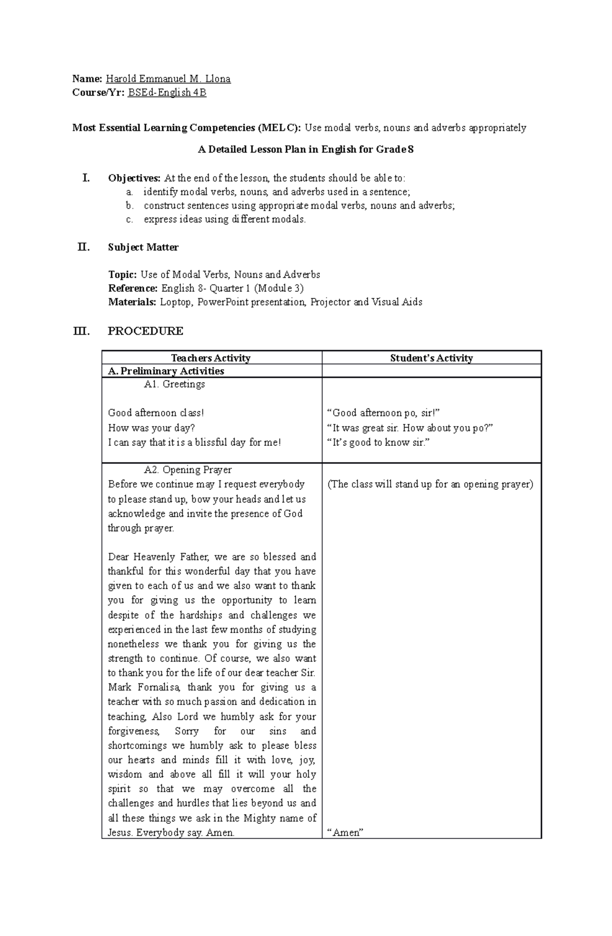 Detailed English 8 Lesson Plan: Exploring Modal Verbs, Nouns, & Adverbs ...