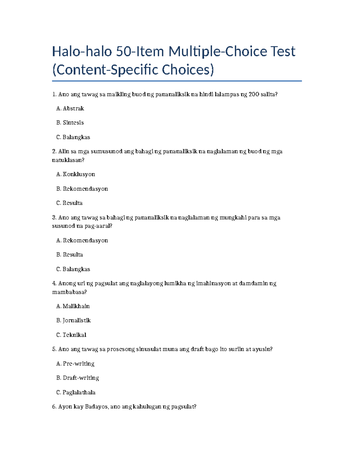 Halo Halo: 50 Items Content Specific (Test) - Studocu