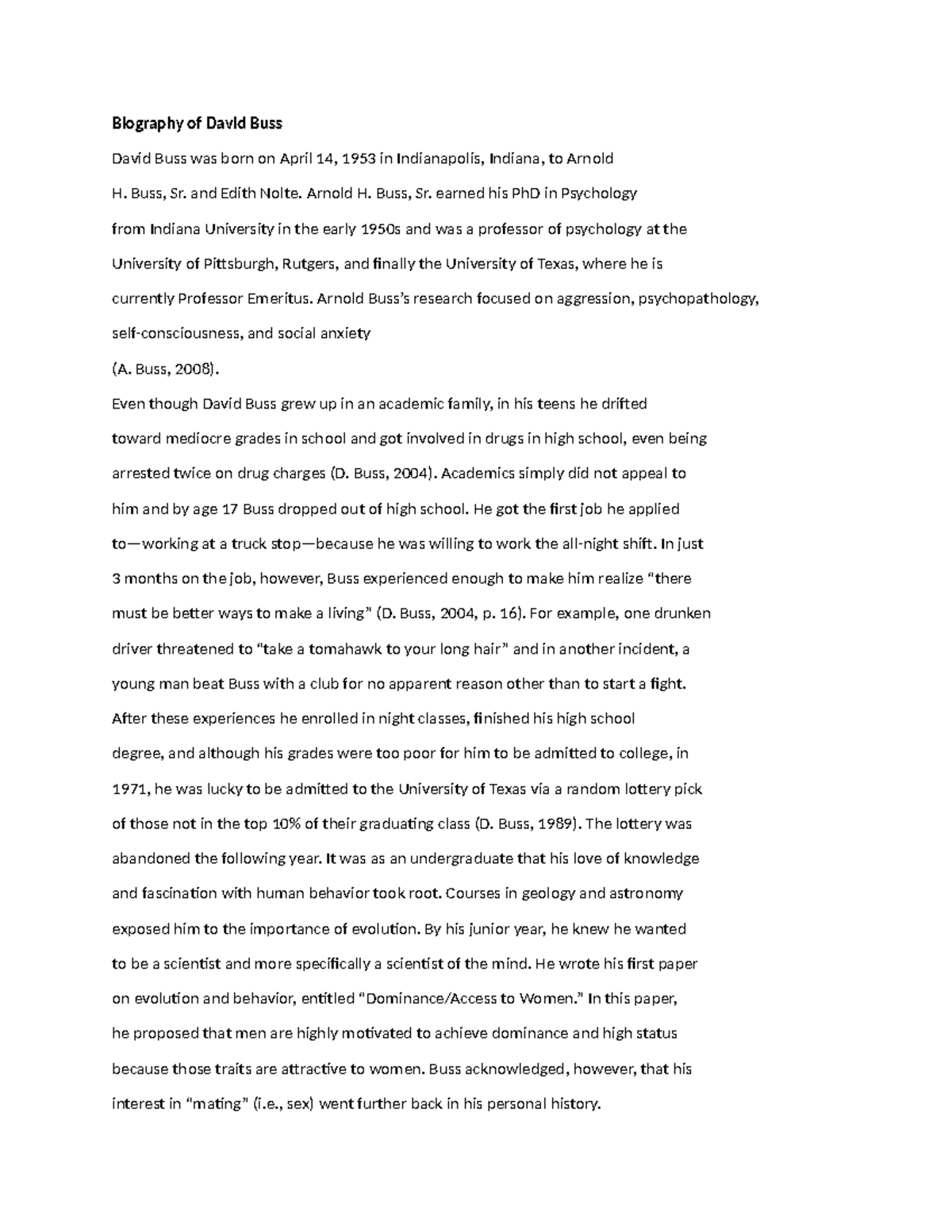 David Buss: A Journey from Struggles to Evolutionary Psychology - Studocu