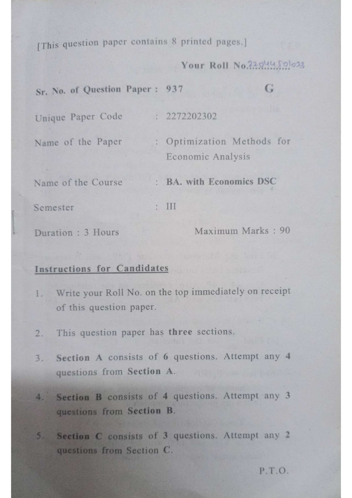 Optimization Methods for Economic Analysis: Question Paper BA Eco Sem 3 ...