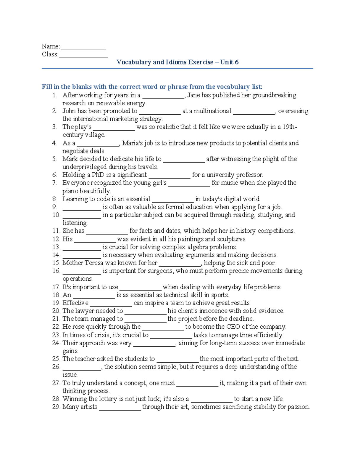 Session 2-B2 - English B2 Vocabulary and Idioms Exercise Notes - Studocu