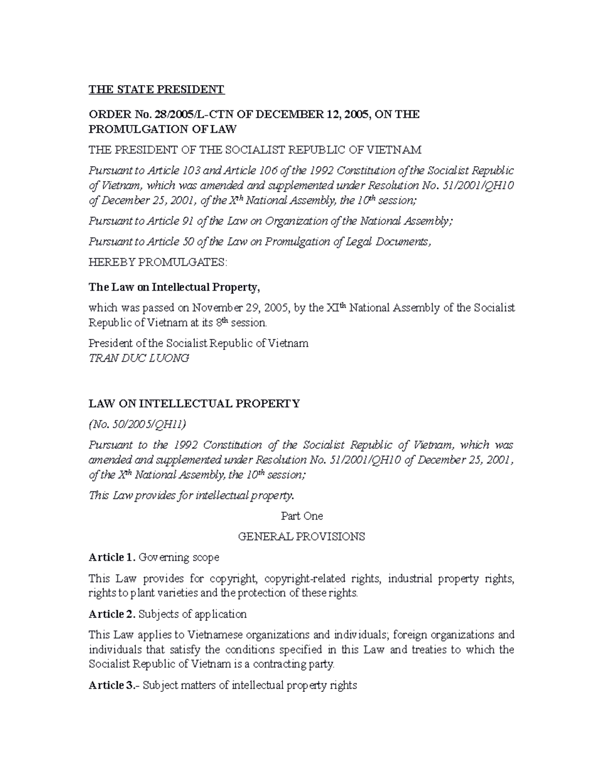 Law on Intellectual Property 2005 - THE STATE PRESIDENT ORDER No. 28 ...
