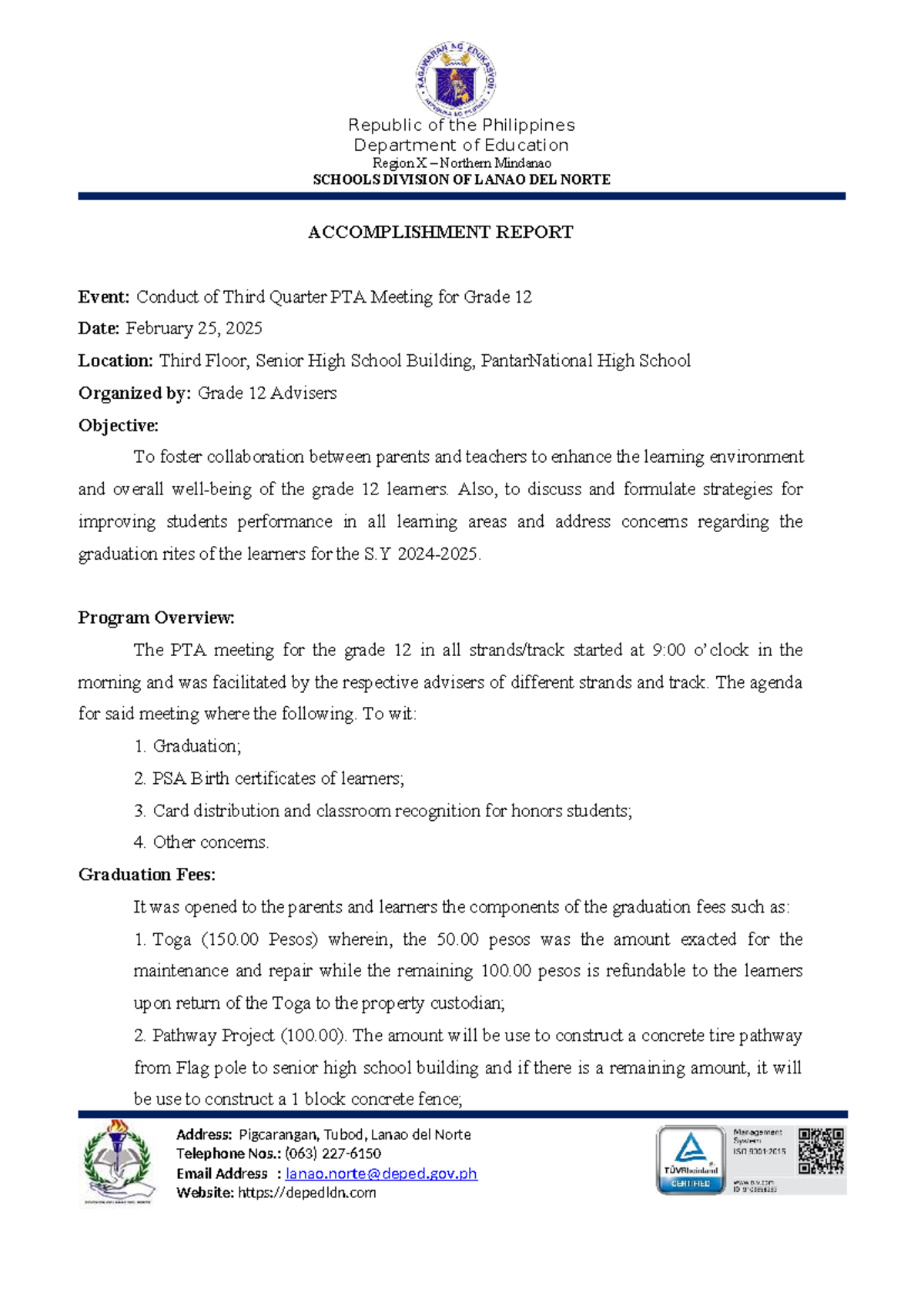Accomplishment Report: Grade 12 PTA Meeting - 3rd Quarter 2025 - Studocu
