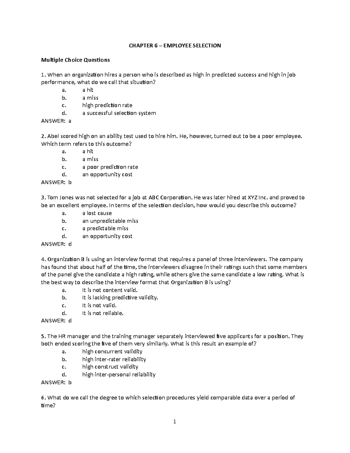 CHAPTER 6 EMPLOYEE SELECTION MCQs and Answers for Practice - Studocu