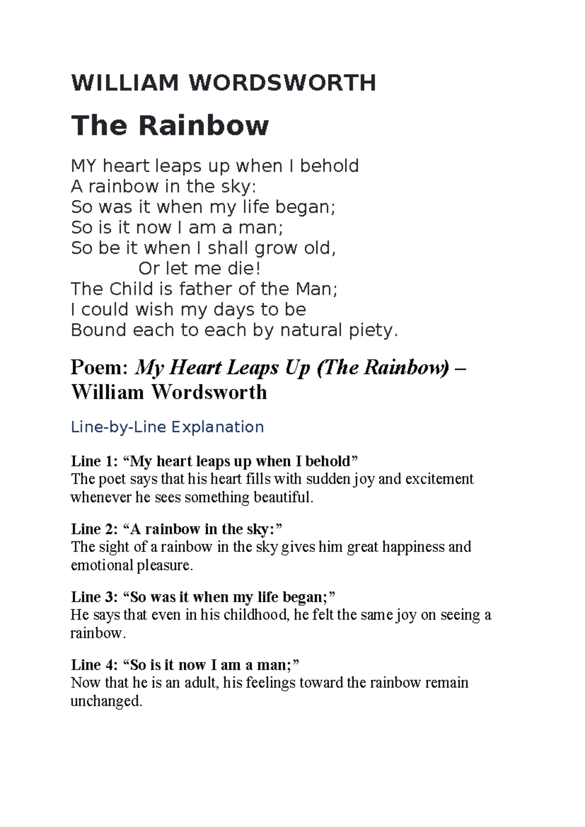 The Rainbow: An Analysis of Wordsworth's "My Heart Leaps Up" - Studocu