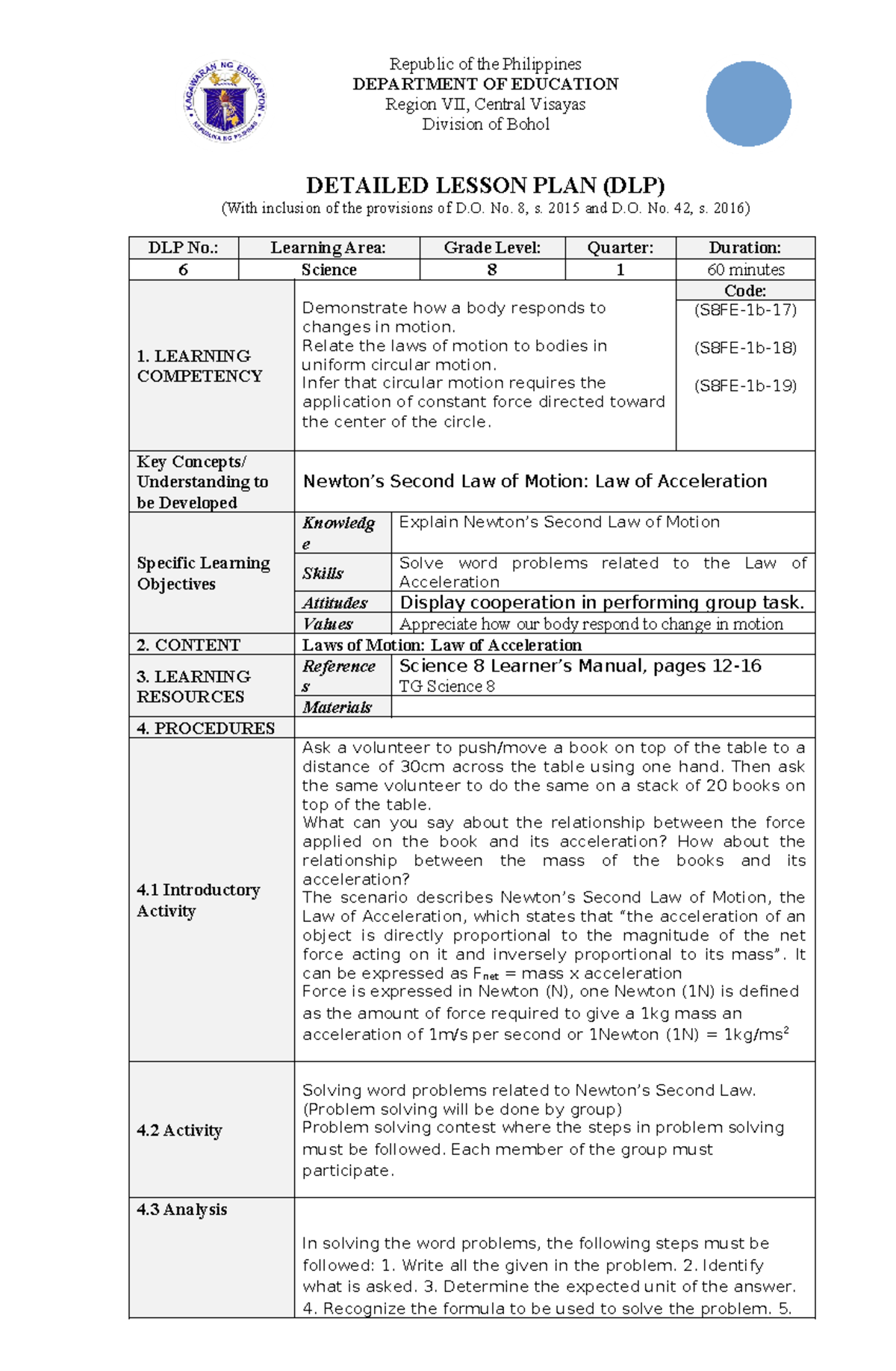 DLP-Bohol: Detailed Lesson Plan on Newton's Second Law for Science 8 - Studocu