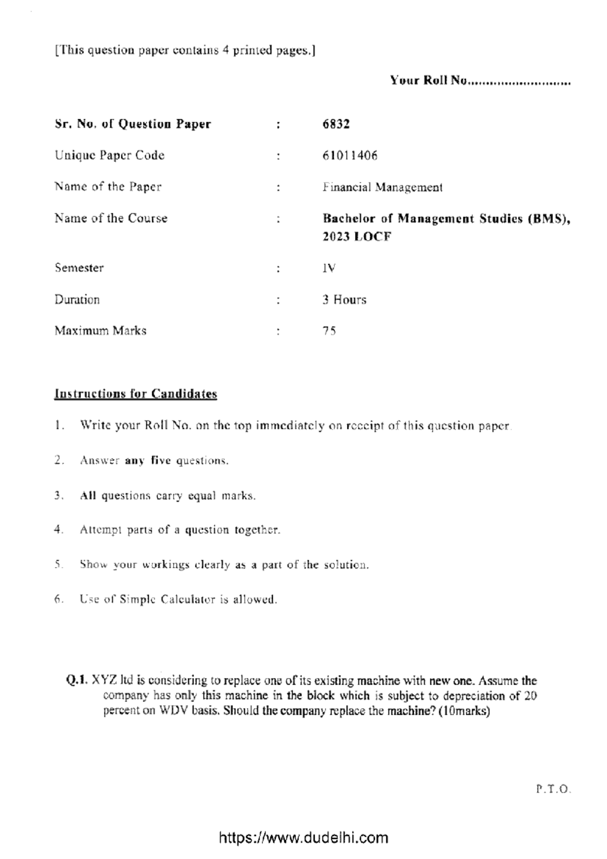 BMS IV Sem Financial Management Question Paper 6832, 2023 - Studocu
