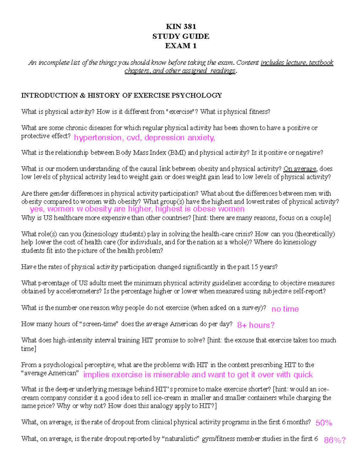 Exam 1 Study Guide - KIN 381 STUDY GUIDE EXAM 1 An incomplete list of ...