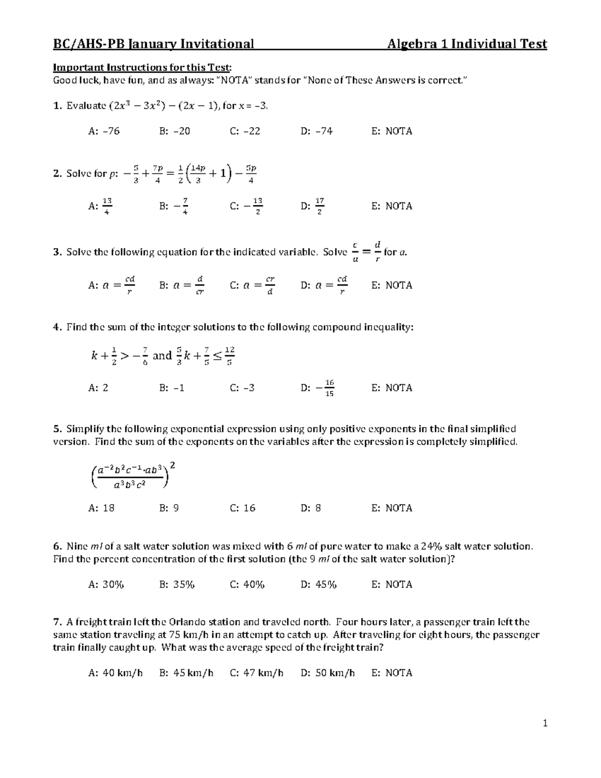 Algebra 1 Benchmark Test Review Questions - Studocu