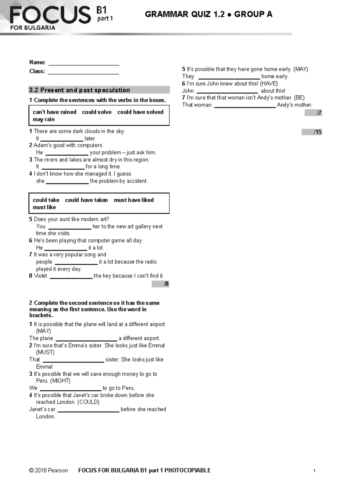 Grammar Quiz 1.2 Group A: Present & Past Speculation - Studocu