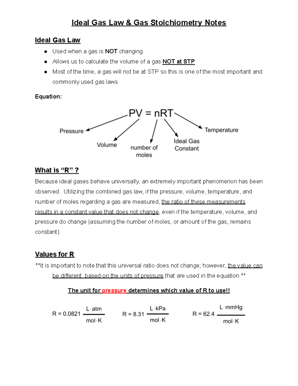 Ideal Gas Law & Gas Stoich Notes (Chem 101) - Studocu