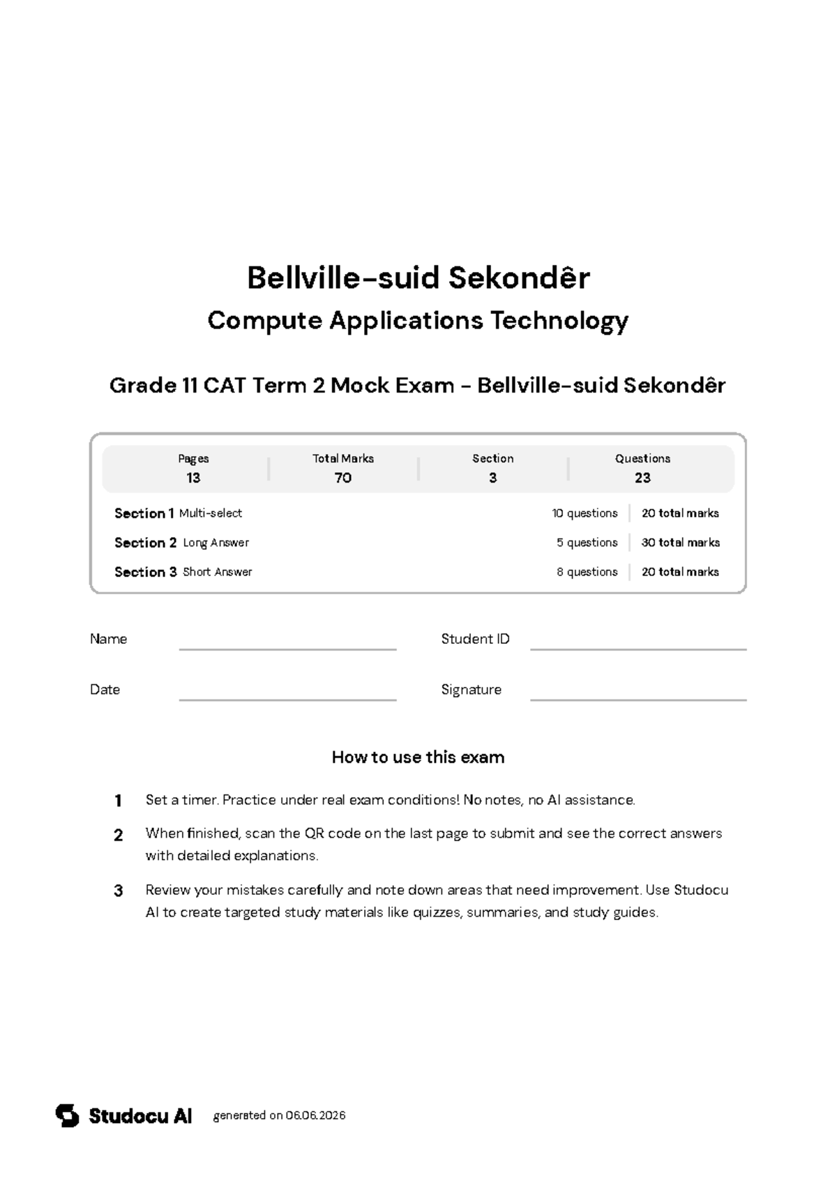 Grade 11 CAT Term 2 Mock Exam - Bellville-suid Sekondêr - Studocu