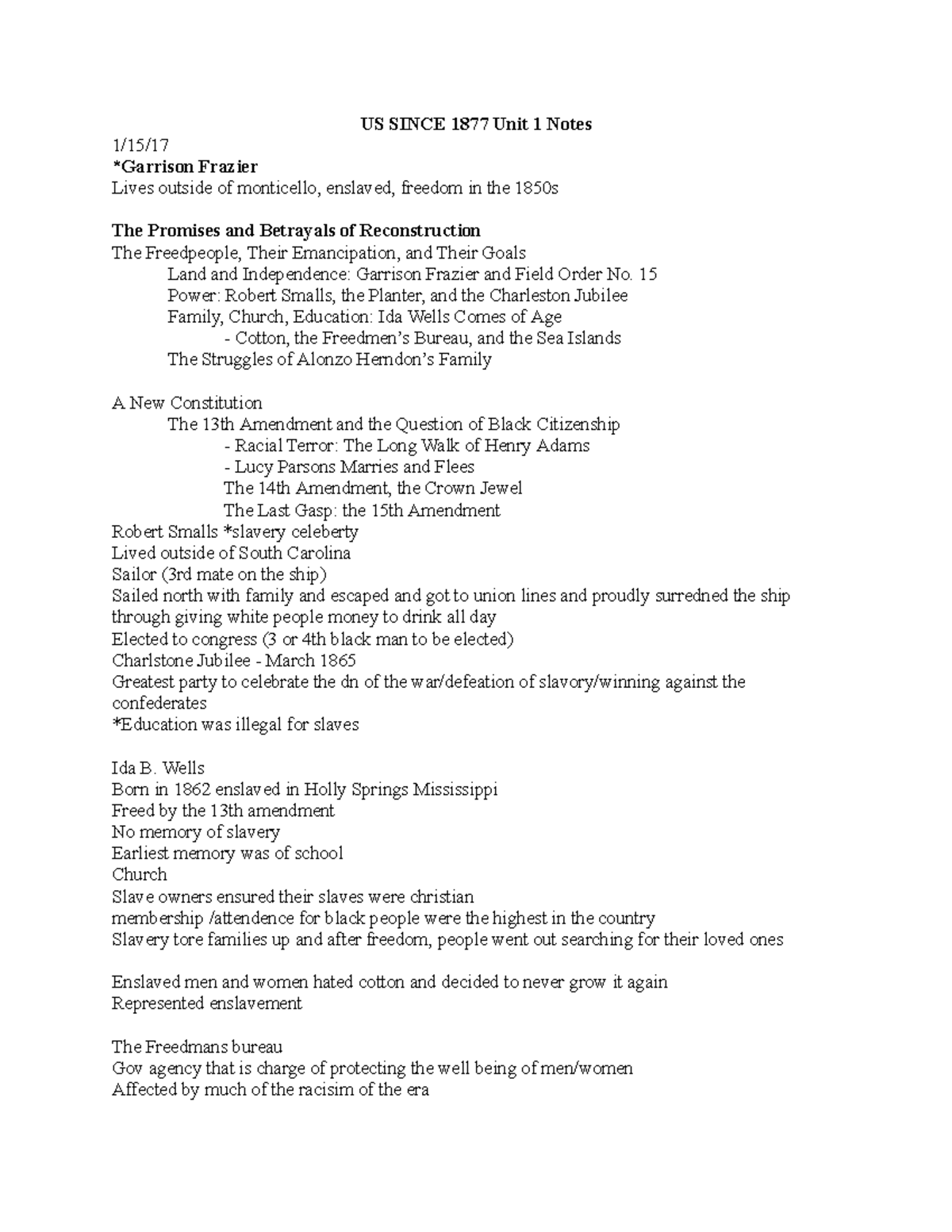 US History Since 1877: Unit 1 Lecture and Notes Overview - US SINCE ...