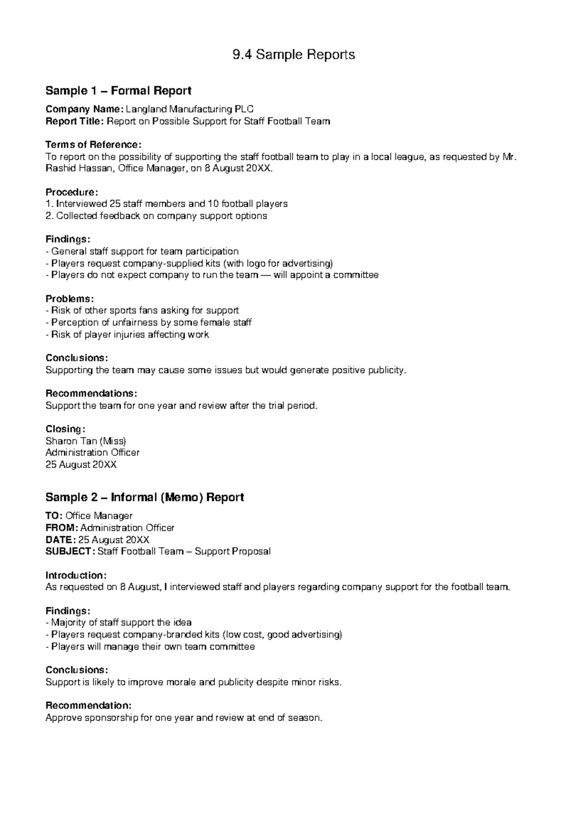 Sample Reports 9.4 - Formal & Informal Support for Staff Football Team ...
