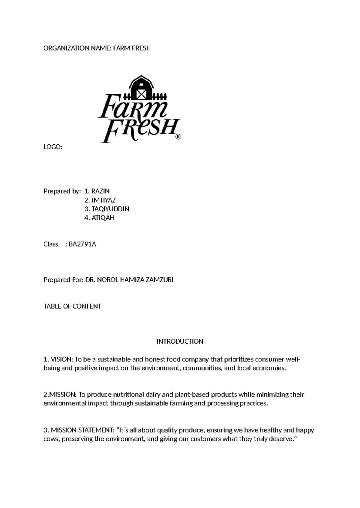 BA2791A Group Project: Farm Fresh Organization Overview - Studocu