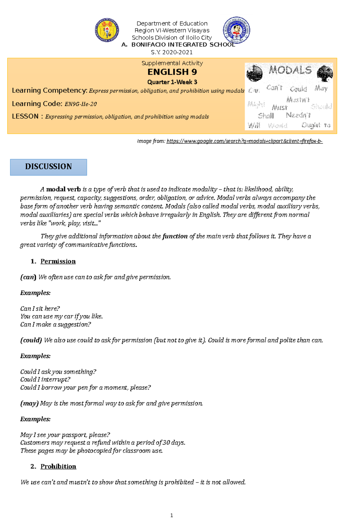 English 9 - Week 3 Lesson on Modals: Permission, Obligation ...