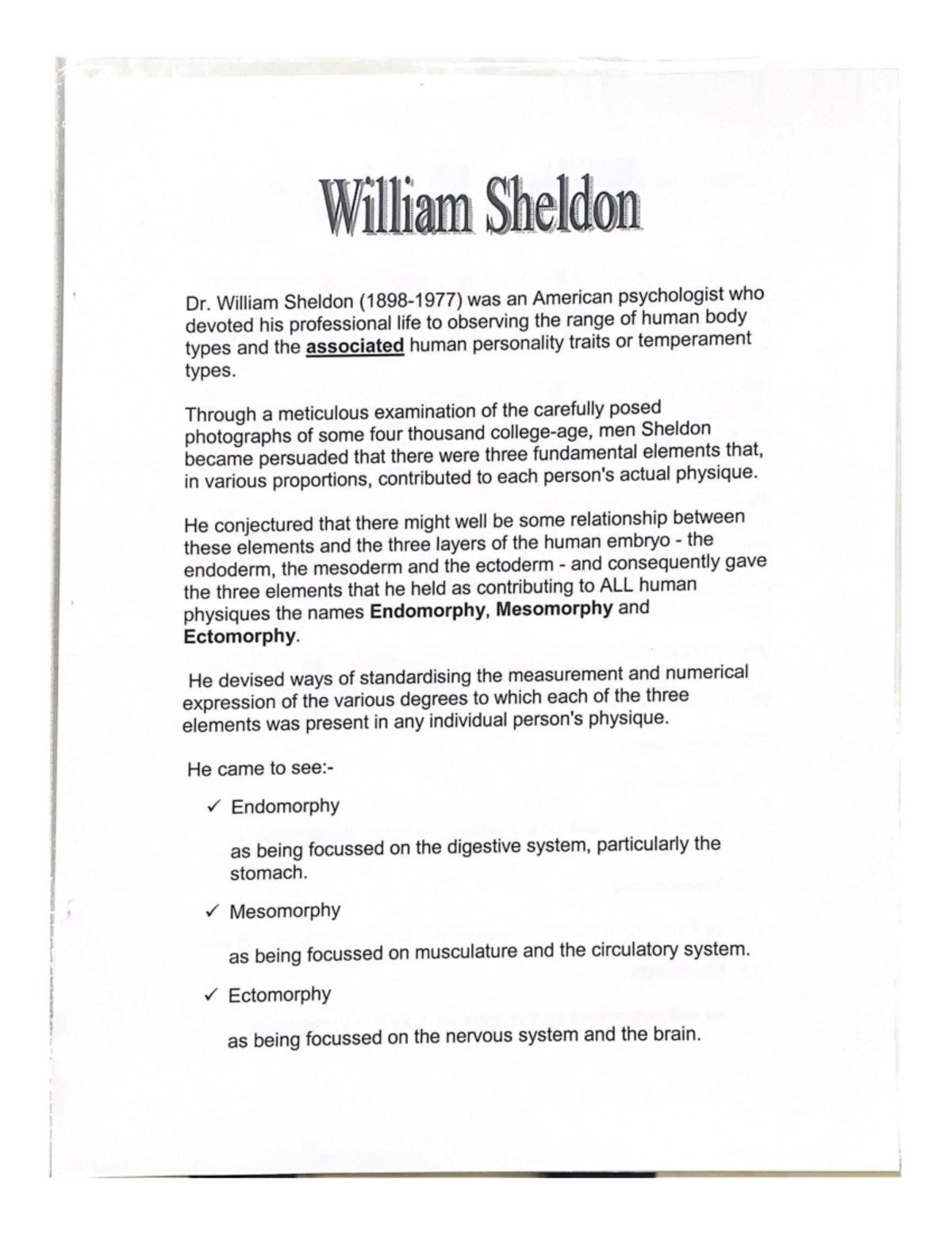 William Sheldon: Body Types & Personality Traits Analysis - Studocu