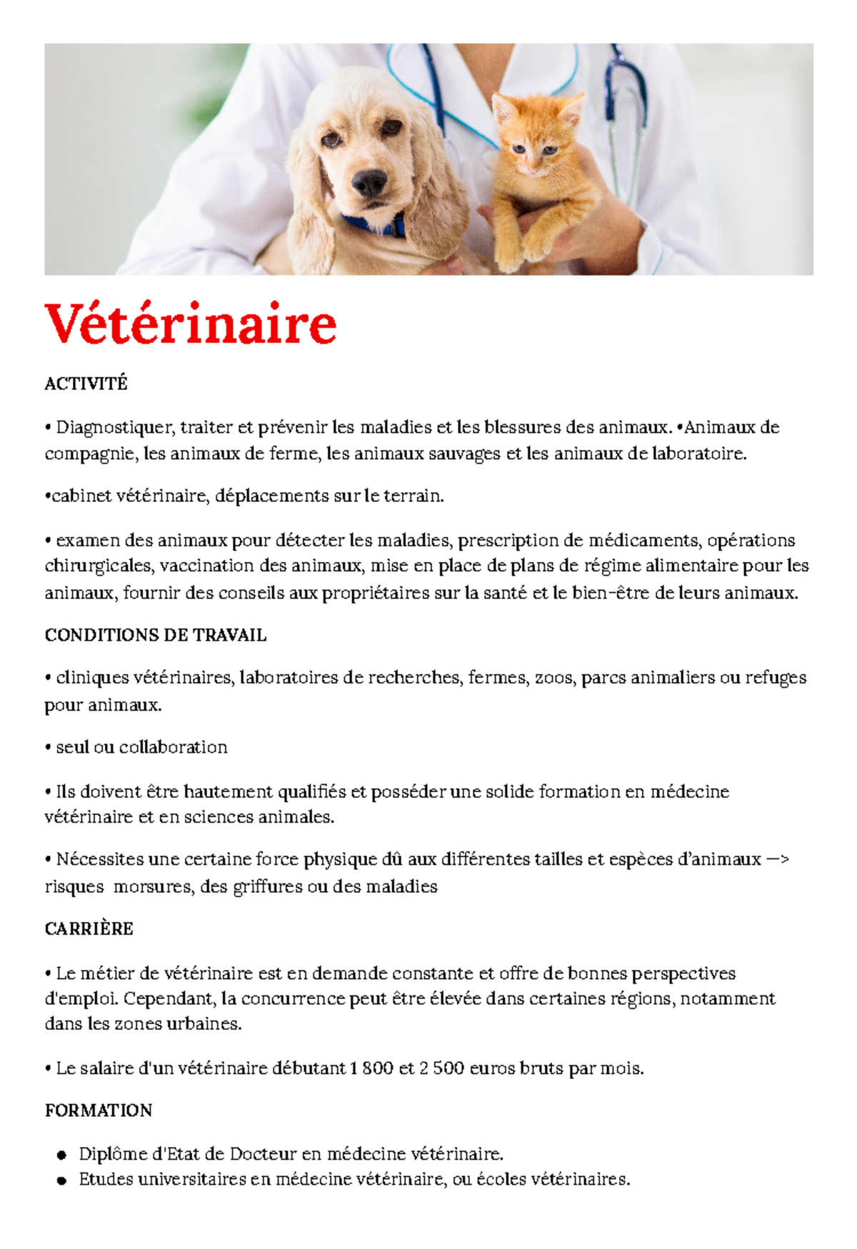 Fiche Métier - Vétérinaire: Activités, Conditions, & Carrière - Studocu