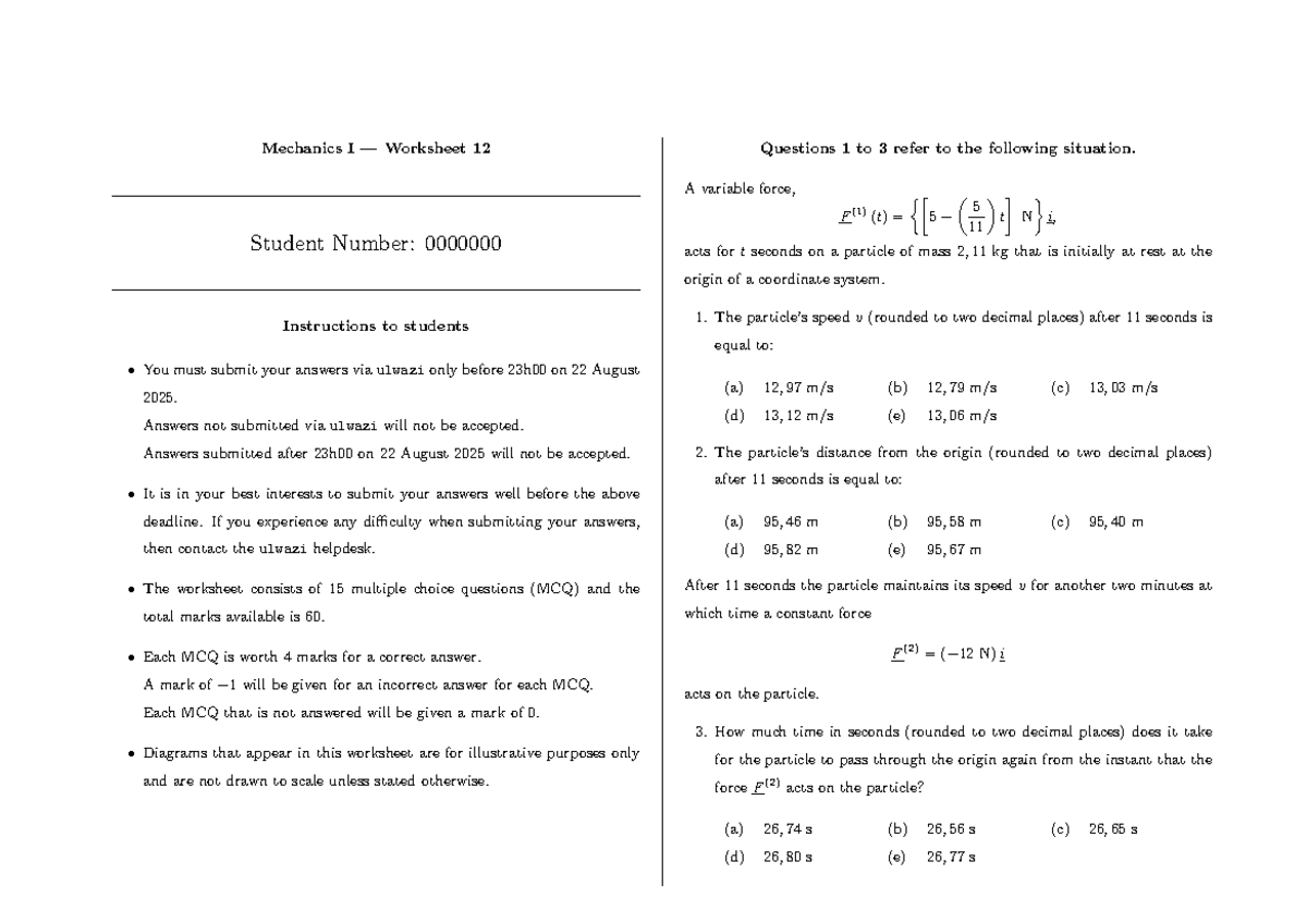 Mechanics I Worksheet 12: MCQs and Problem Solving (2025) - Studocu