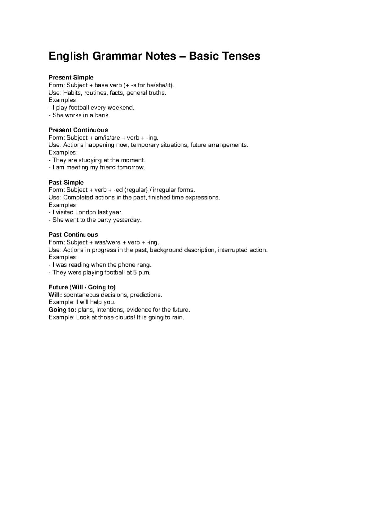 English Grammar Notes: Basic Tenses Overview (ENG101) - Studocu