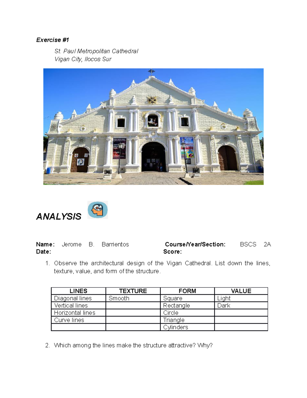 BSCS 2A: Elements of Arts Analysis - Vigan Cathedral Exercise - Studocu