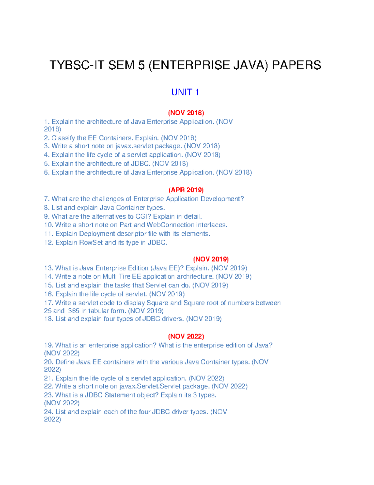 Tybsc-IT SEM 5 (Enterprise JAVA) Exam Papers and Topics Overview - Studocu