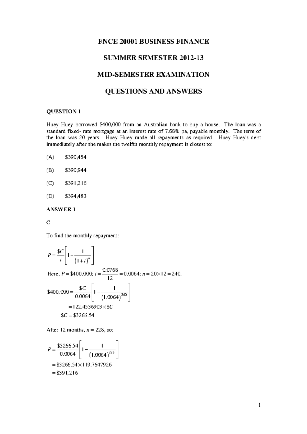 Mid Semester Exam 2013, Questions and answers - FNCE 20001 BUSINESS ...