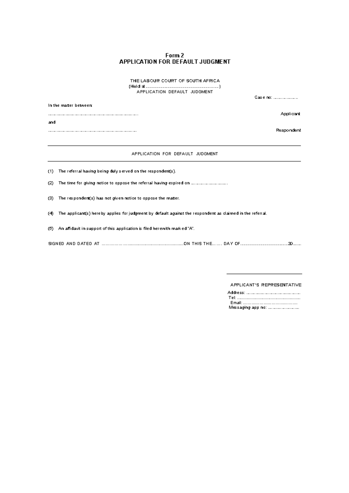 LCForm 2 - Application for Default Judgment in Labour Court - Studocu