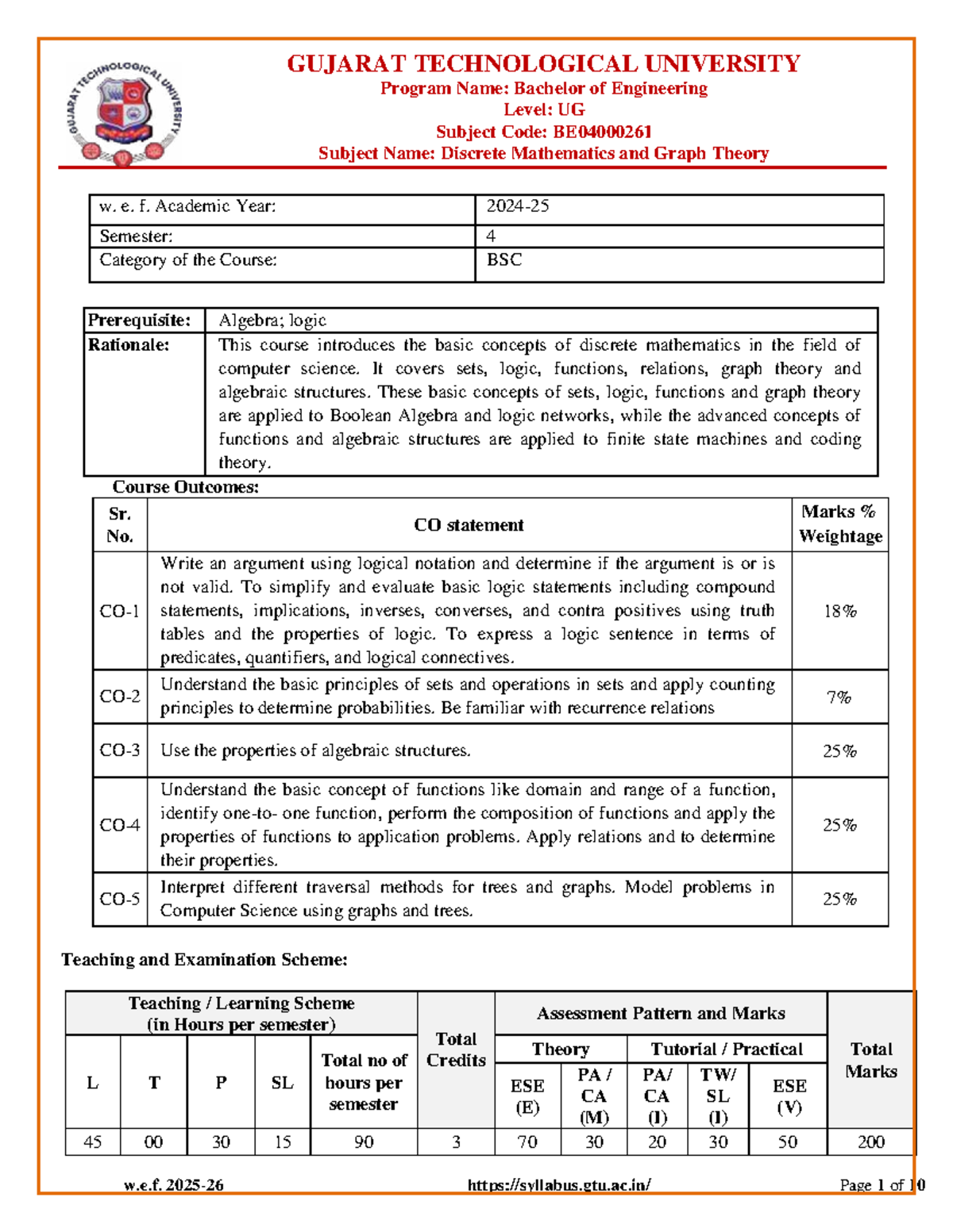BE04000261 Discrete Mathematics & Graph Theory Course Overview - Studocu