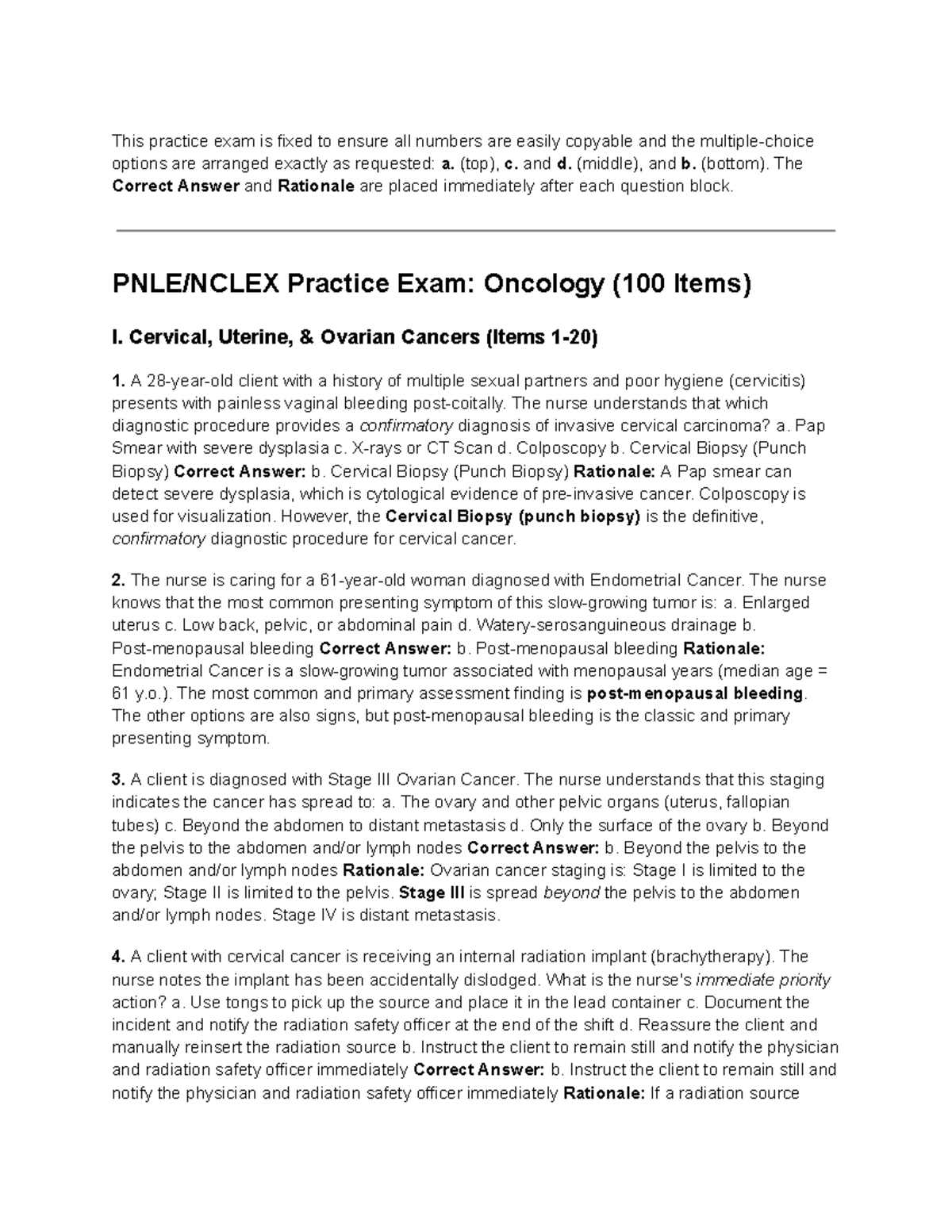 Oncology Practice Exam: MS1 - 100 Items on Cervical, Uterine, and ...