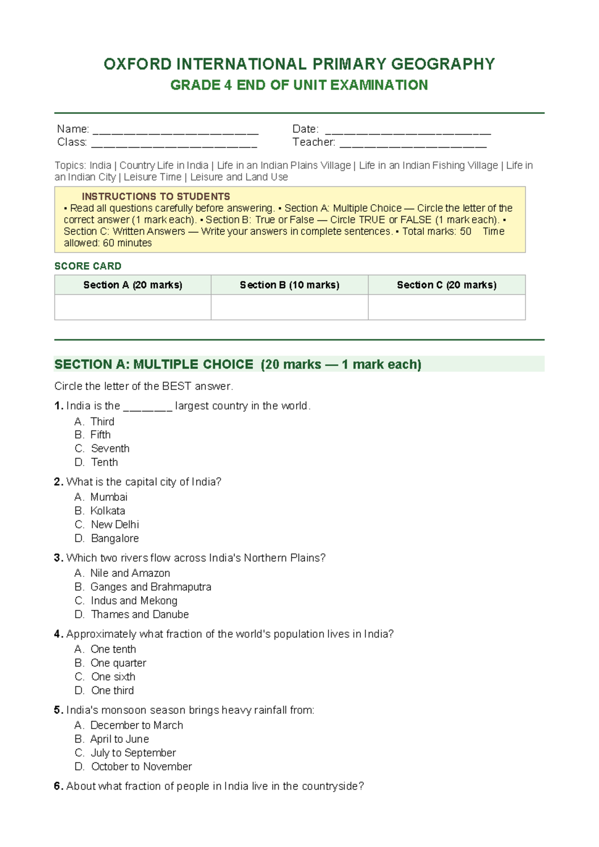 Grade 4 Geography Exam: OXFORD INT'L PRIMARY GEOG - End of Unit - Studocu
