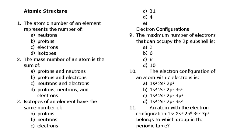 Atomic Structure Quiz: Key Concepts and Calculations - Studocu
