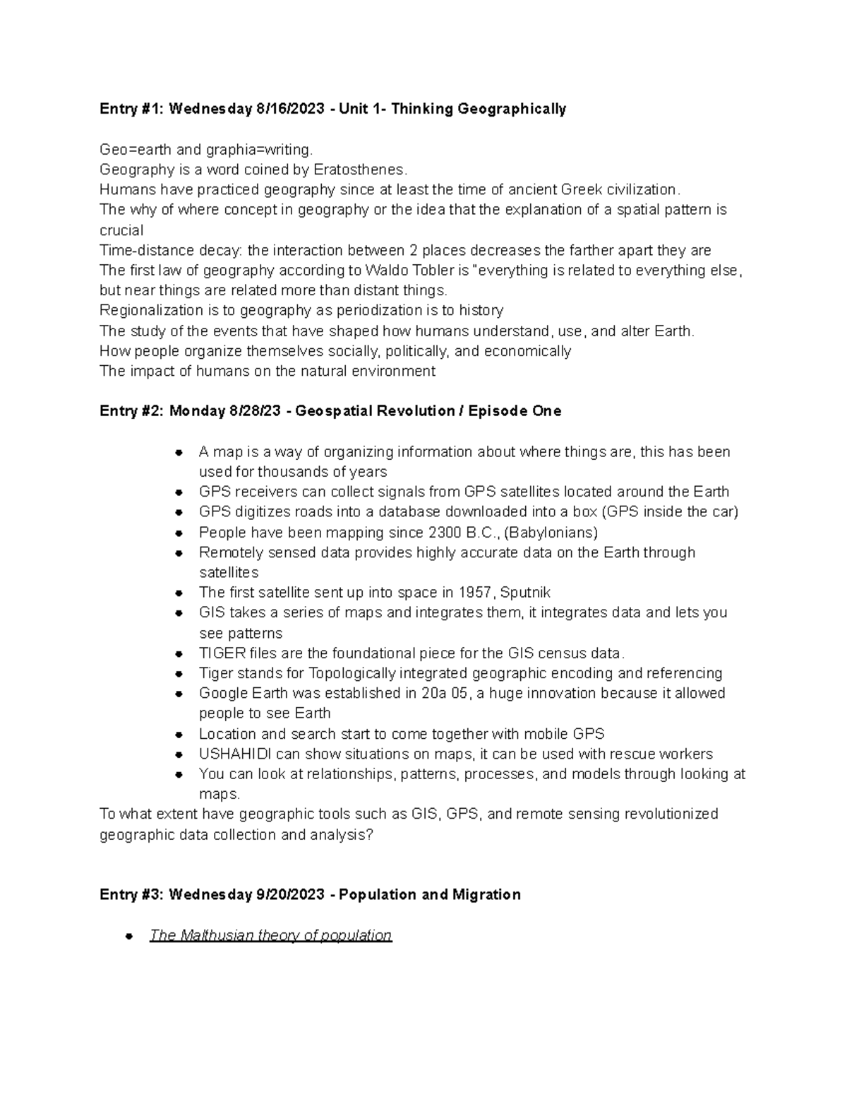 APHG Essential Log - Entry #1: Wednesday 8/16/2023 - Unit 1- Thinking ...