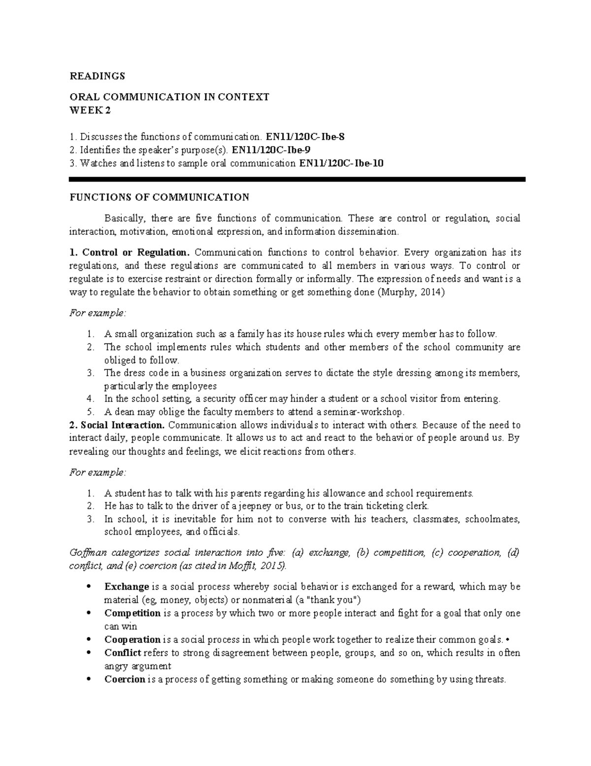 OC - WEEK 2 - Functions of Communication in Oral Context - Studocu