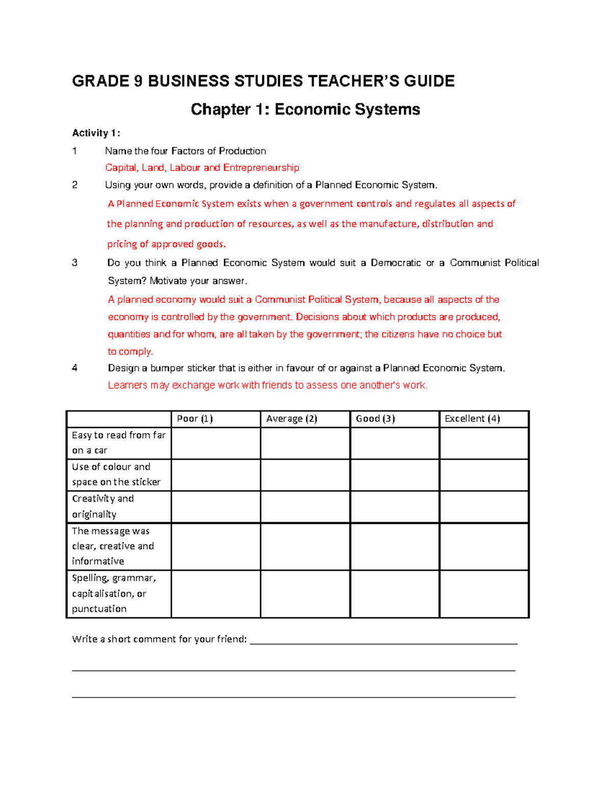 Grade 9 Business Studies Teacher's Guide: Economic Systems Overview ...