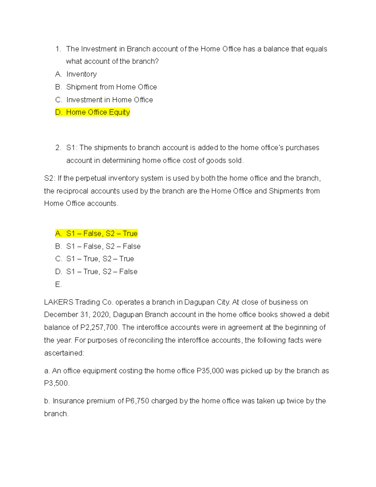 ACP 1ST Examination - The Investment in Branch account of the Home ...