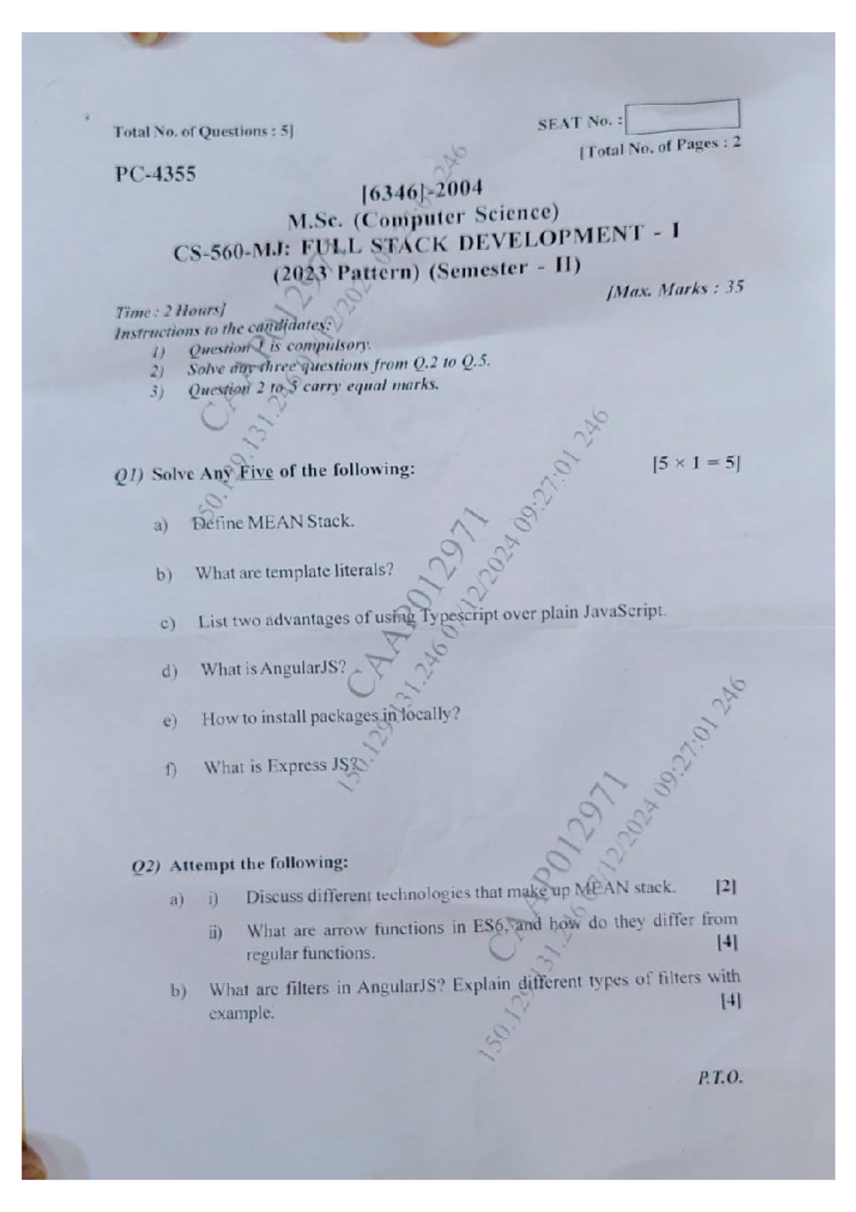 FSD Question Paper - Total No. of Questions : 5) SEAT No. : No. of Pages : 2 M. (Computer ...