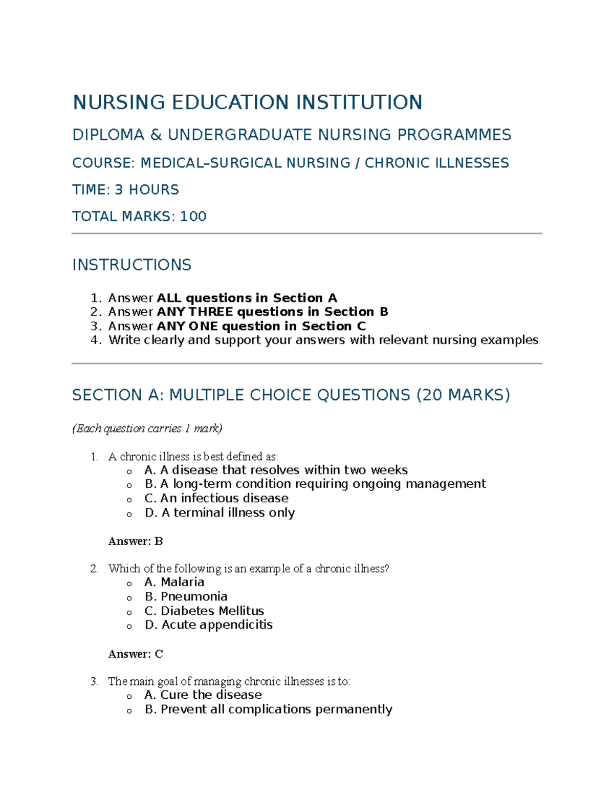 NURS 101: Chronic Illnesses Past Paper with Answers (3 Hours, 100 Marks ...