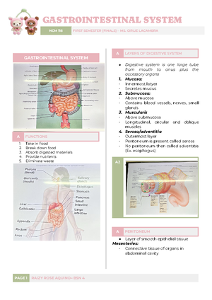 Gastrointestinal System - GASTROINTESTINAL SYSTEM A FUNCTIONS 1. Take ...