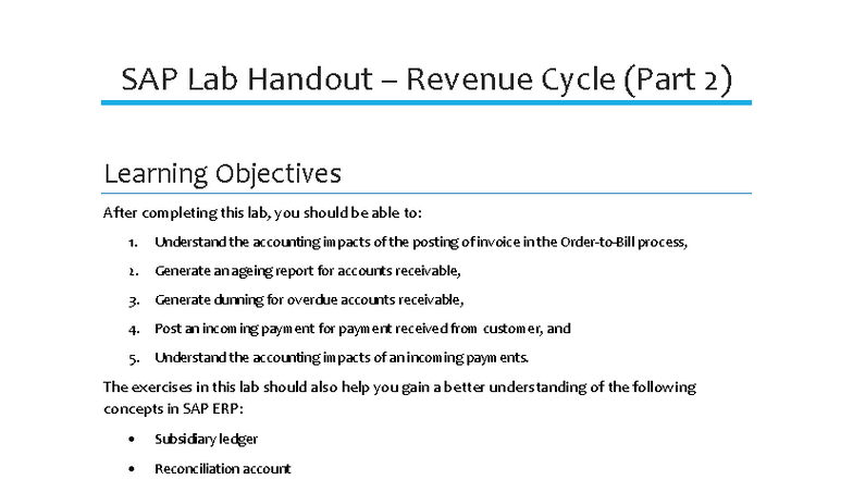 W7 SAP Lab Handout: Revenue Cycle (Part 2) Overview and Exercises - Studocu