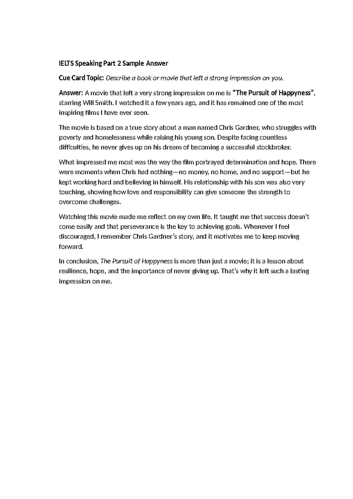 IELTS Speaking Part 2 Sample Answer: Impactful Movie Reflection - Studocu