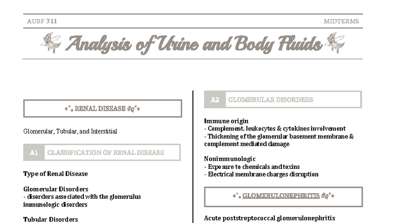 AUBF 311 MIDTERMS REVIEWER: Glomerular & Tubular Disorders Analysis ...